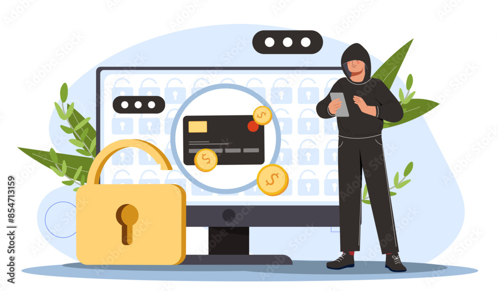 Credit card fraud concept. Man in black uniform near computer screen. Thieft steal personal data ...