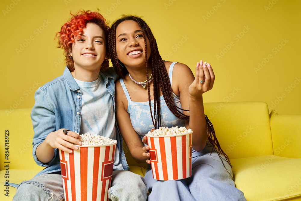 Two young people in stylish attire sit on a couch holding popcorn ...
