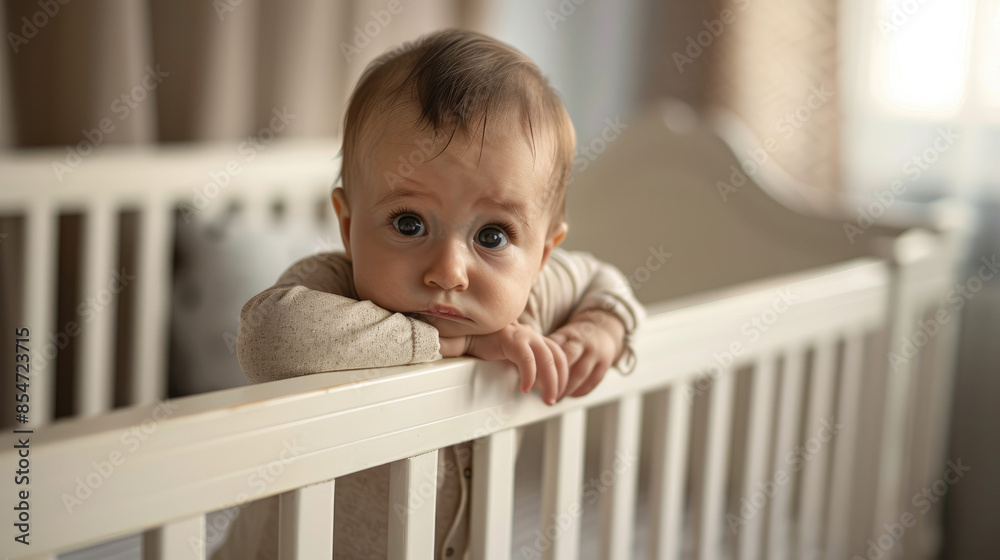 Crying baby standing up in crib, white background, closeup of crying ...