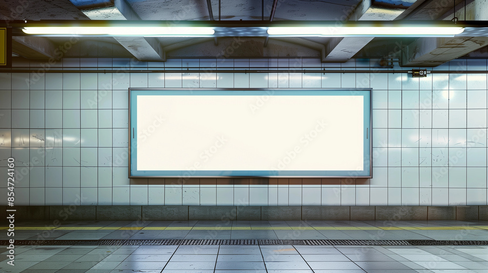 Blank white mock-up large billboard sign underground train station wall ...