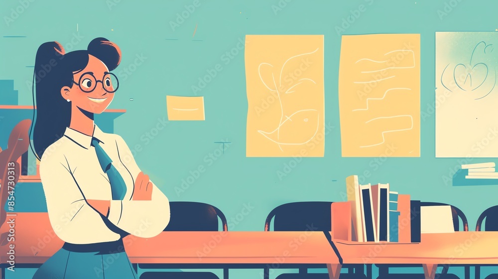 Smiling teacher, flat design, side view, classroom setting, cartoon ...