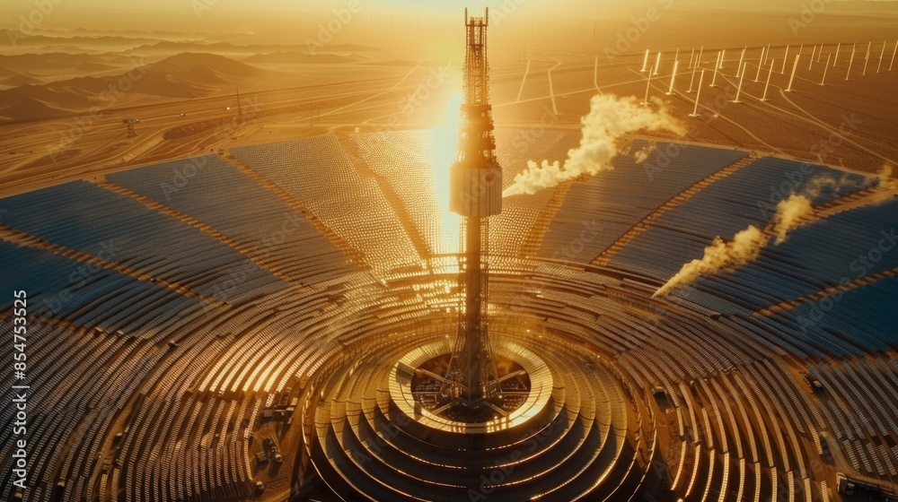 A birds-eye view of a solar power tower in the desert at sunset. The ...