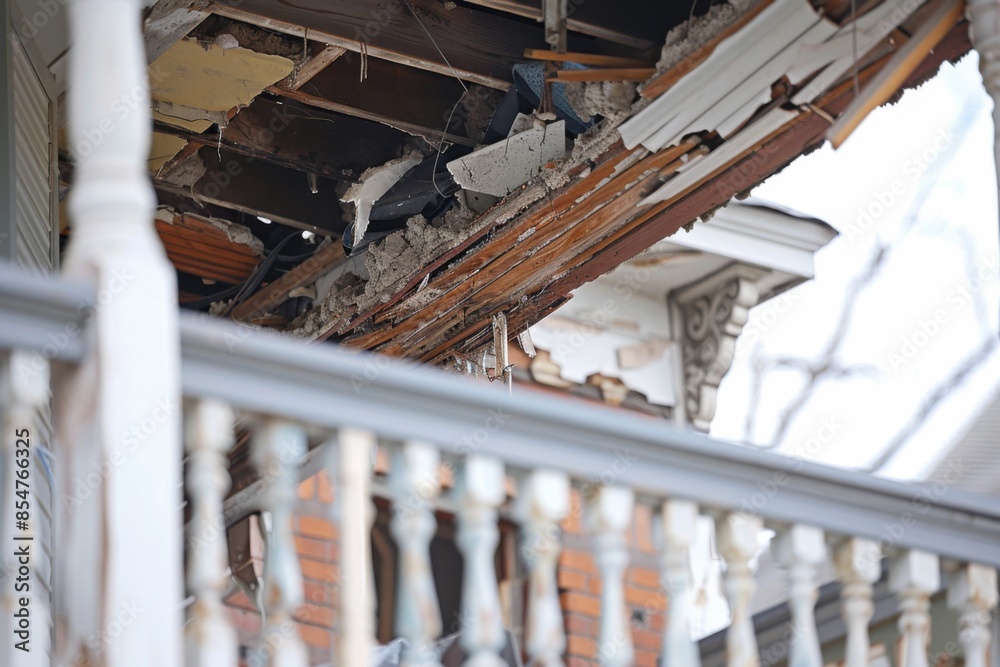 Severe damage to a building roof showing collapsed ceilings, exposed ...