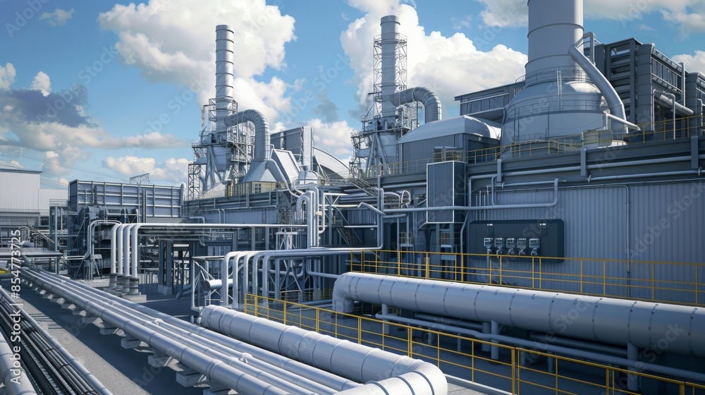 This is an image of an industrial plant with large pipes and a complex ...