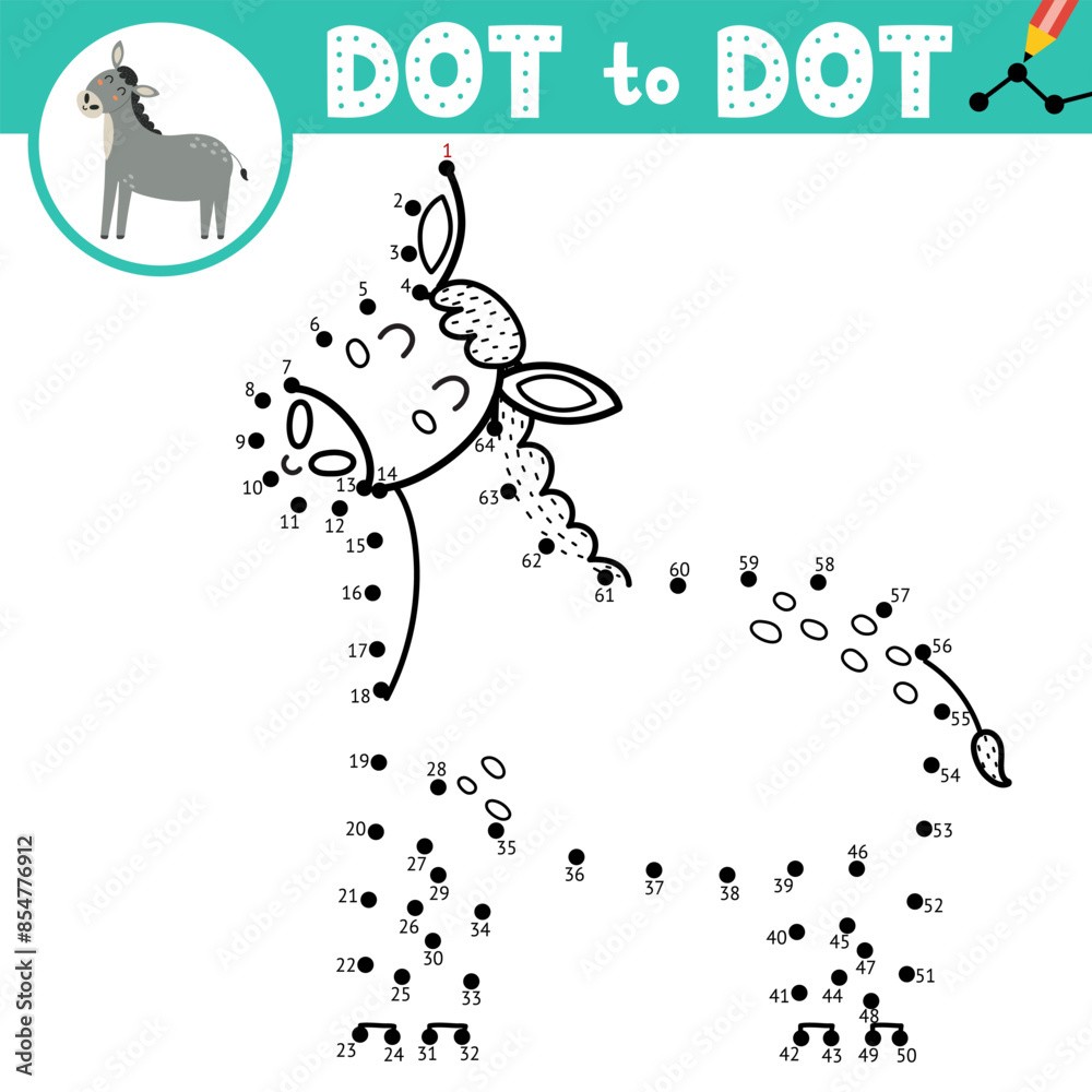 Dot to dot game for kids. Connect the dots and draw a cute donkey. Farm ...