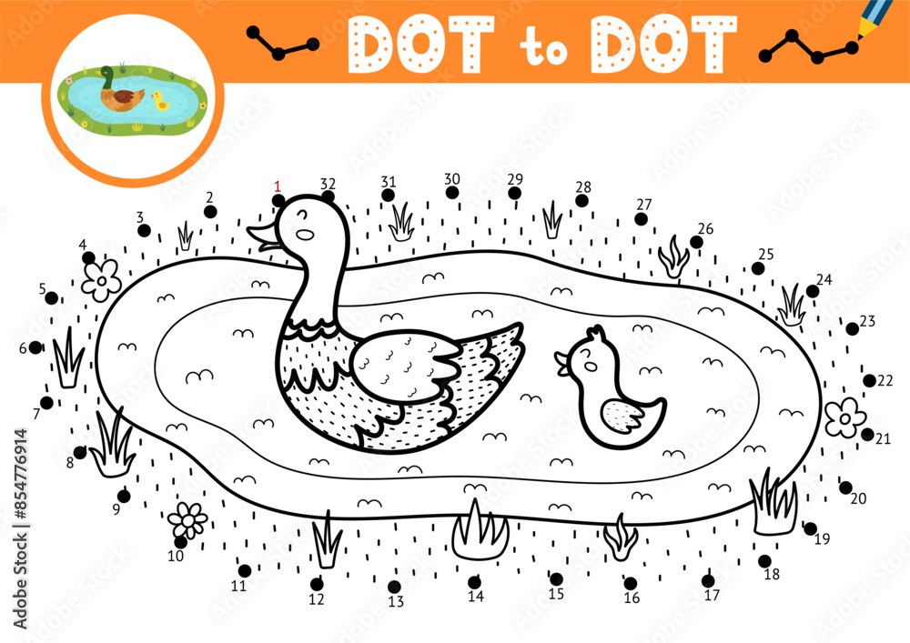Dot to dot game for kids. Connect the dots and draw a mother duck with ...