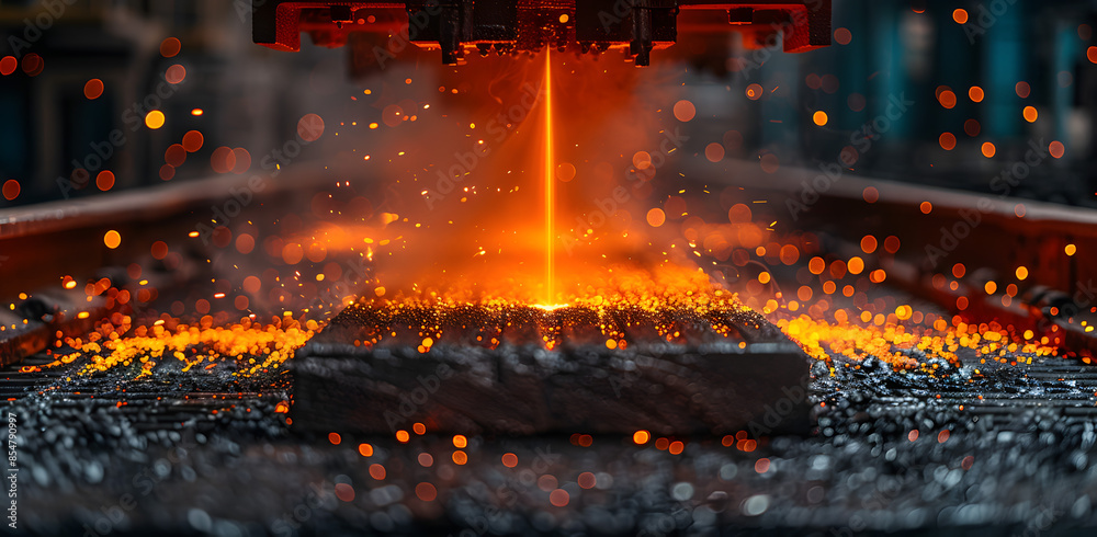 Detailed view of a glowing molten metal being poured into a mold ...