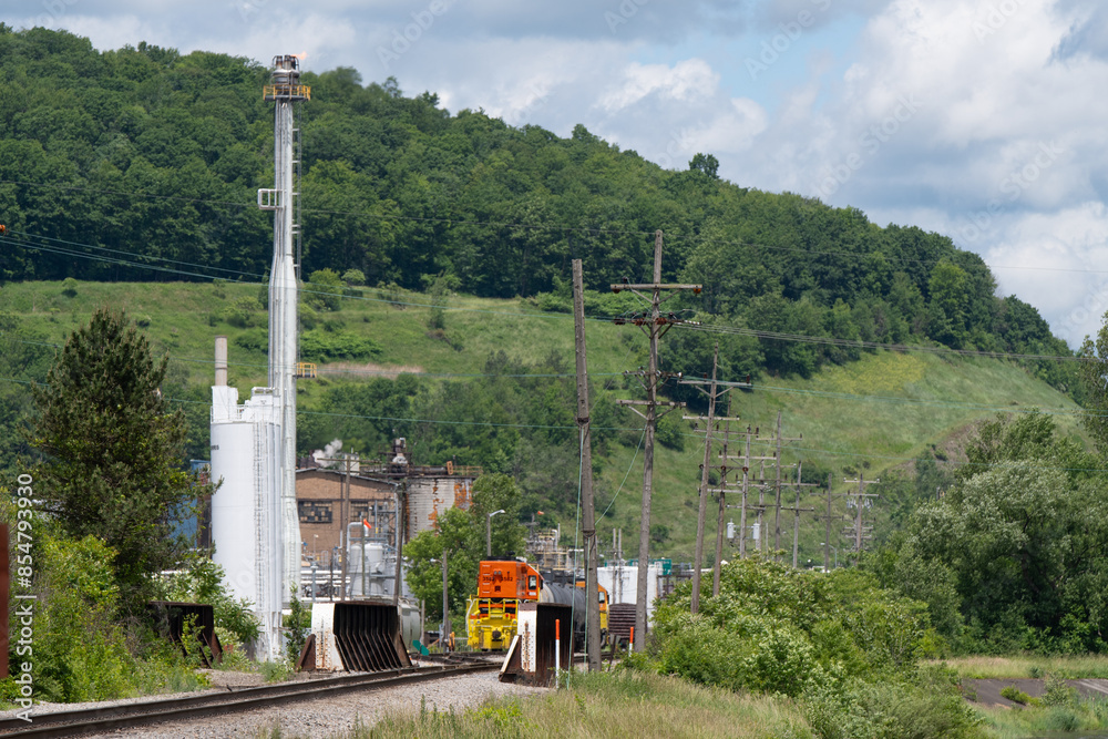Fuel refinery train tracks industrial background copy space image ...