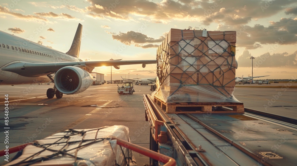 Air cargo logistic containers are loading to an airplane. Air transport ...