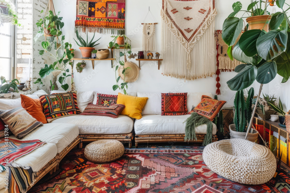 Modern bohemian living room interior. Colorful rugs and cushions, rattan furniture, and a mix of ...
