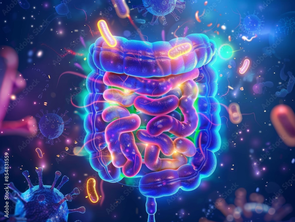 Colorful 3D illustration of human gut bacteria and microbiome ...