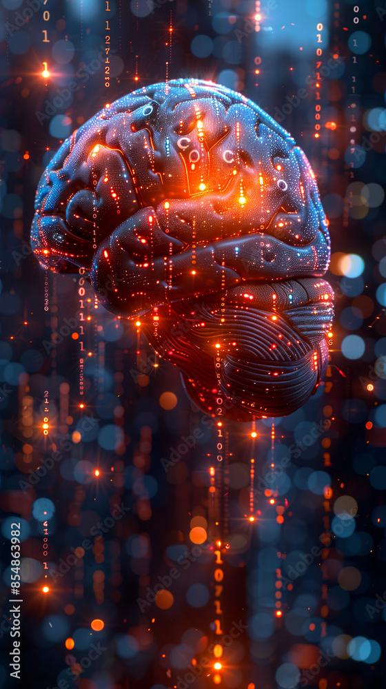 Conceptual image of an AI brain with binary code patterns, realistic ...