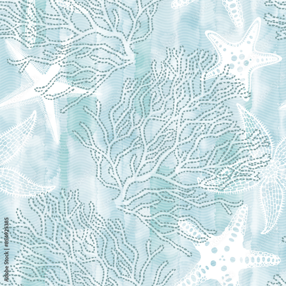 Sea creatures on a blue watercolor background. Art sea background with ...