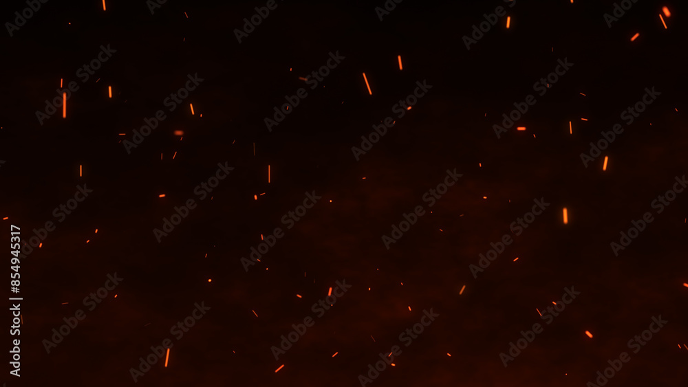 Bright glowing fire particles rising in a fiery sky with smoke. Fire ...