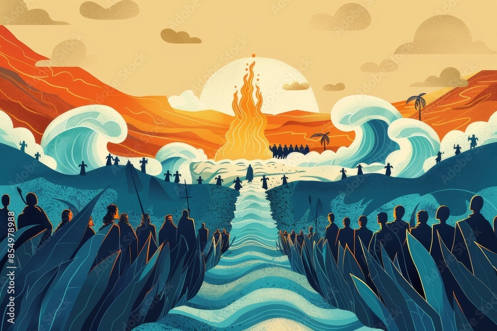 flat illustration depicting the Passover Exodus with pillar of fire ...