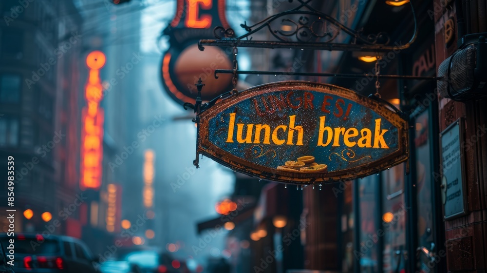 Photograph of a cozy urban street scene with a vintage lunch break sign ...
