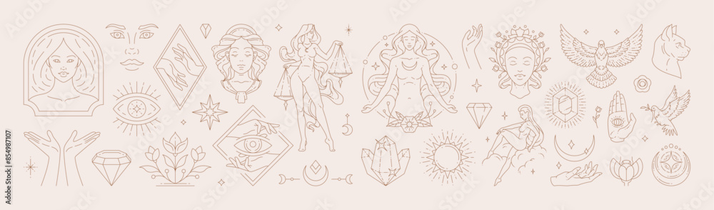 Big set of woman and magic symbols in line art style. Beauty fashion ...