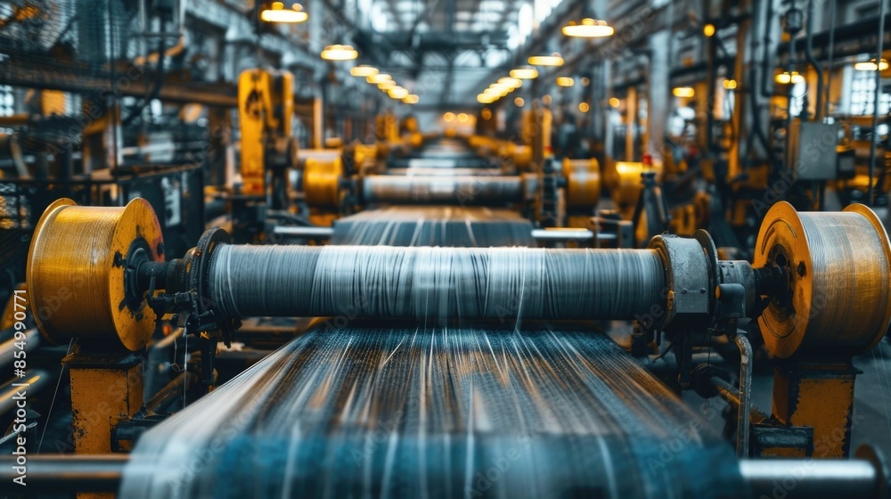 Interior view of a modern textile mill with rows of industrial looms ...
