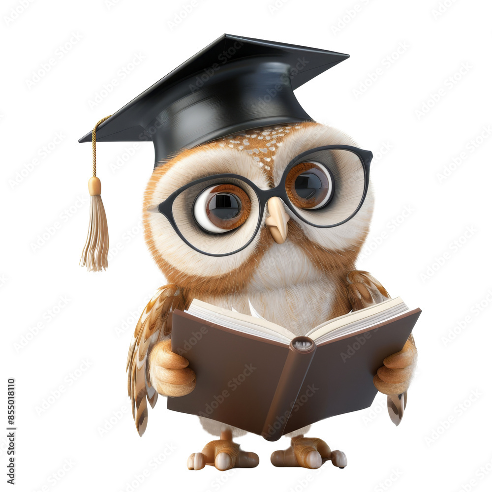 Cartoon owl graduate in graduation cap reading a book on transparent ...