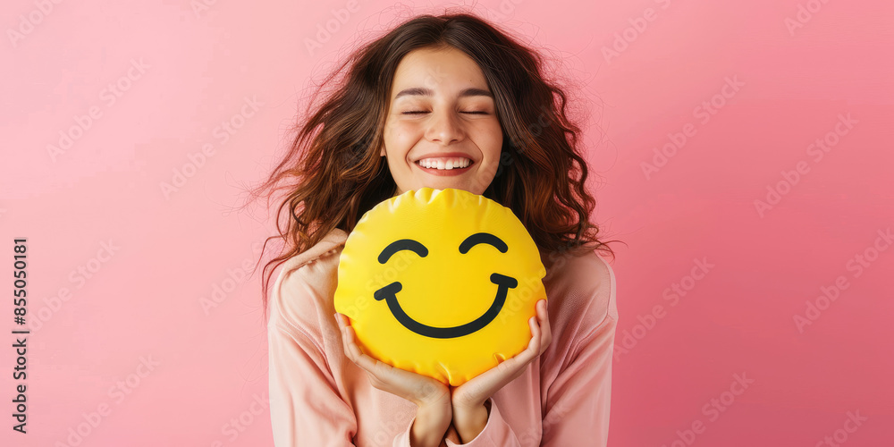 woman holding up an emoji face on pink background, smiley happy person ...