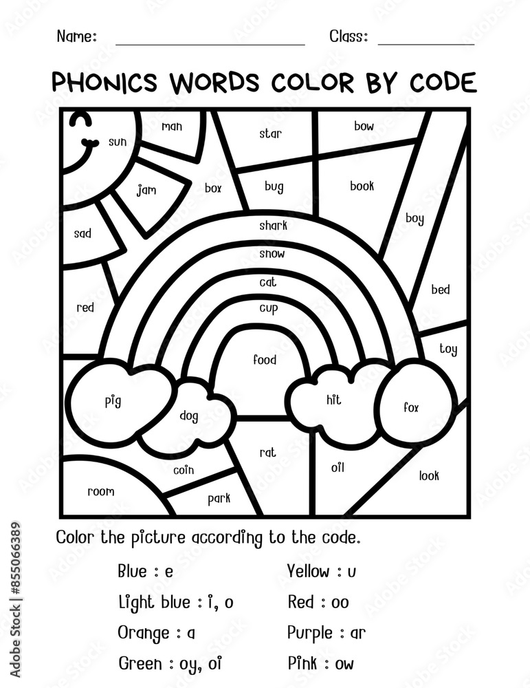 Phonics words color by code, Coloring page with rainbow and the sun ...