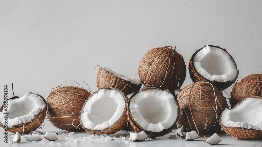 delightful arrangement of freshly cut coconuts on white background ...