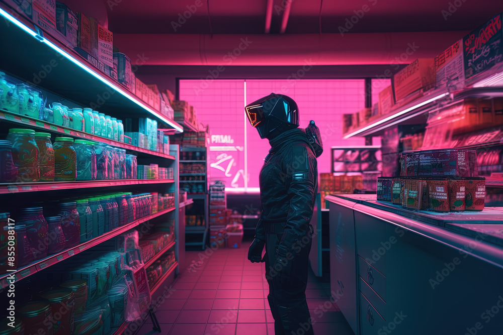Robot ordering fresh fruits and vegetables in a synthwave styled ...