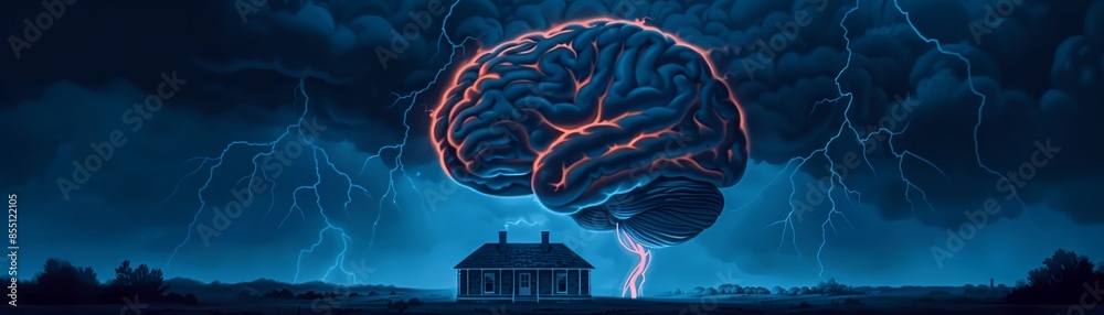 Mystical image of a giant brain connected to a creepy Victorian house ...