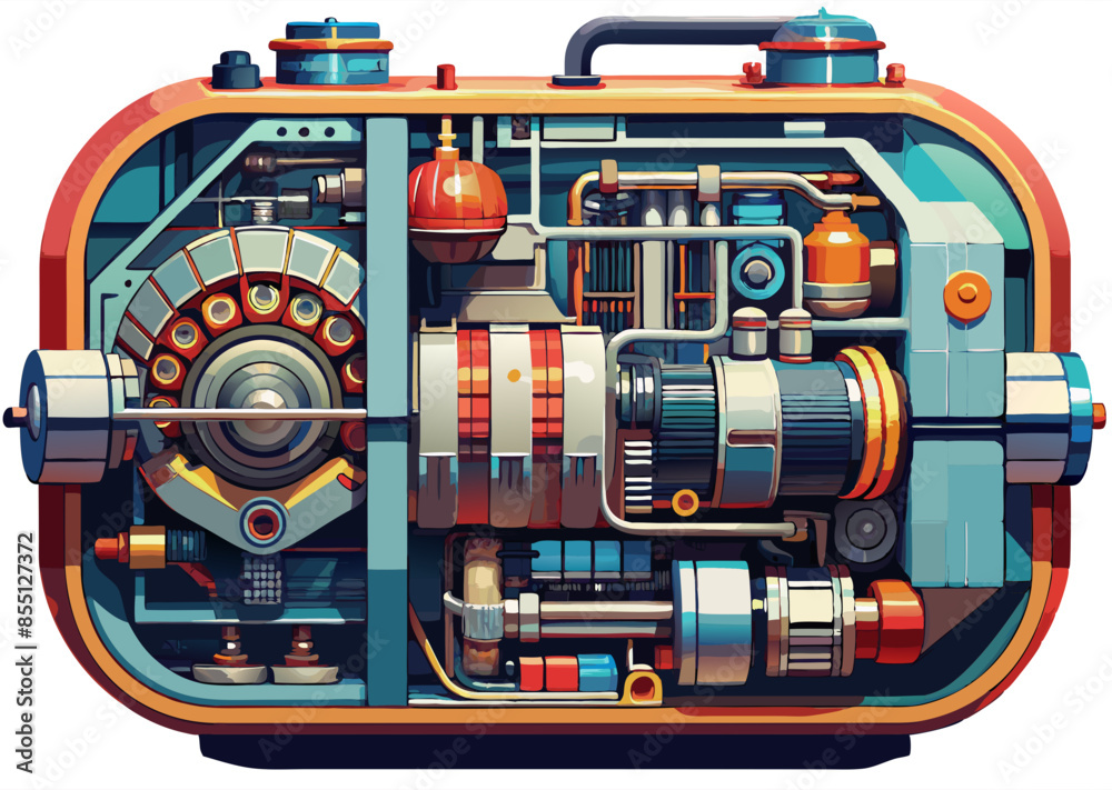 A detailed cutaway diagram of a complex machine, revealing its inner ...