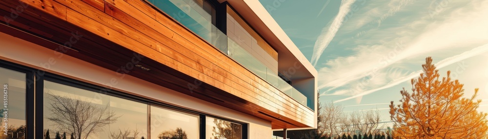 Timber cladding on a modern house, enhancing natural aesthetics, side ...