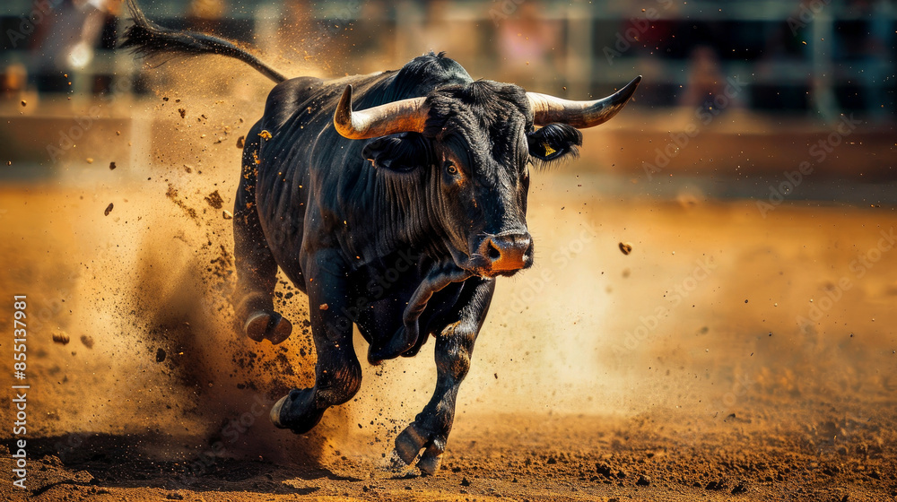 Black bull charging in the arena, Spain Stock Photo | Adobe Stock