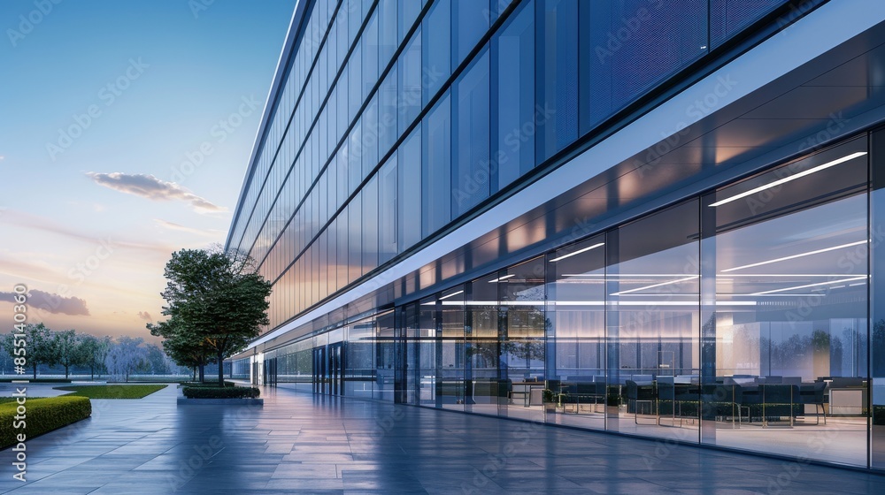 LowE glass windows in a sleek office building, reducing heat gain, side ...