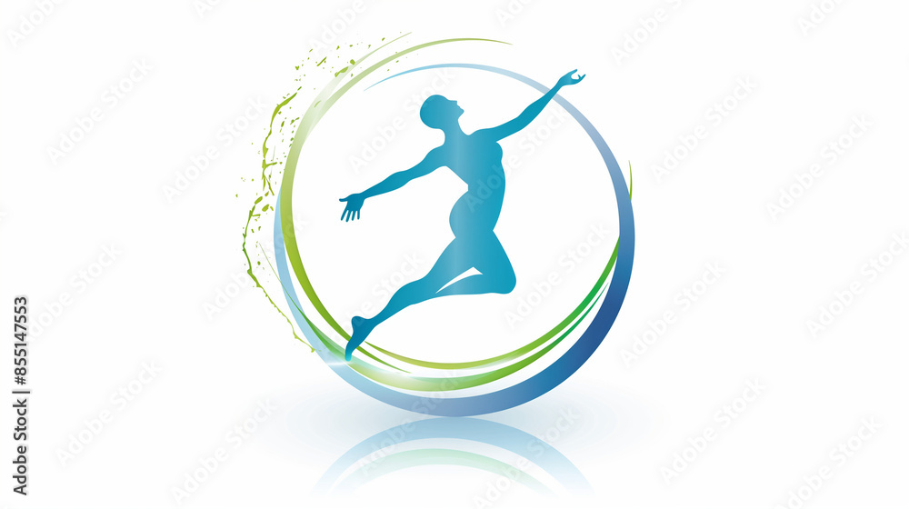 Health logo with a human figure in a dynamic pose surrounded by a ...