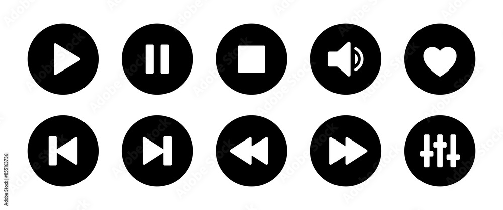 Music player icon set with play, pause, next, previous, heart, like and settings symbol in black ...
