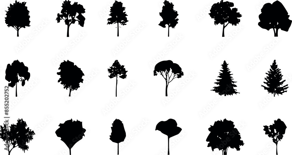 silhouette tree line drawing set, Side view, set of graphics trees ...