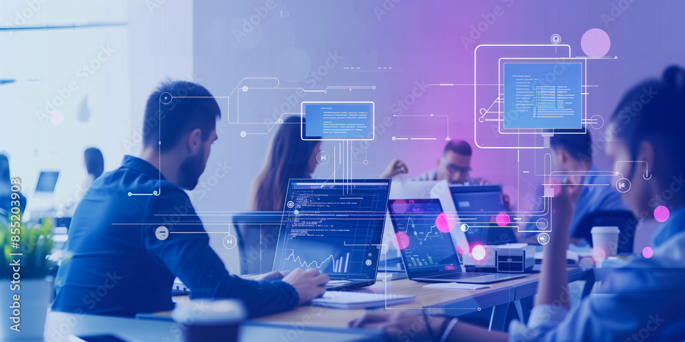 Horizontal banner of a modern office with employees working on laptops ...