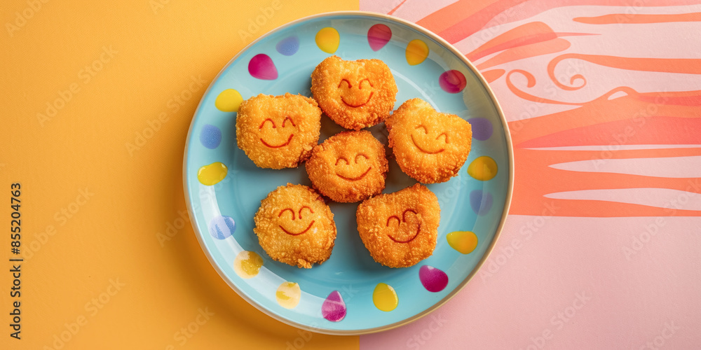 late of golden chicken nuggets on a colorful patterned plate against a ...