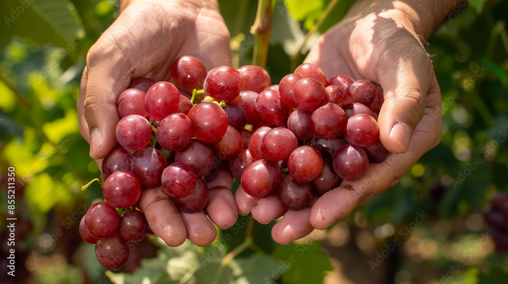 both hands holding fresh red grapes, hands look smooth and clean with sparkling red grapes, Ai ...