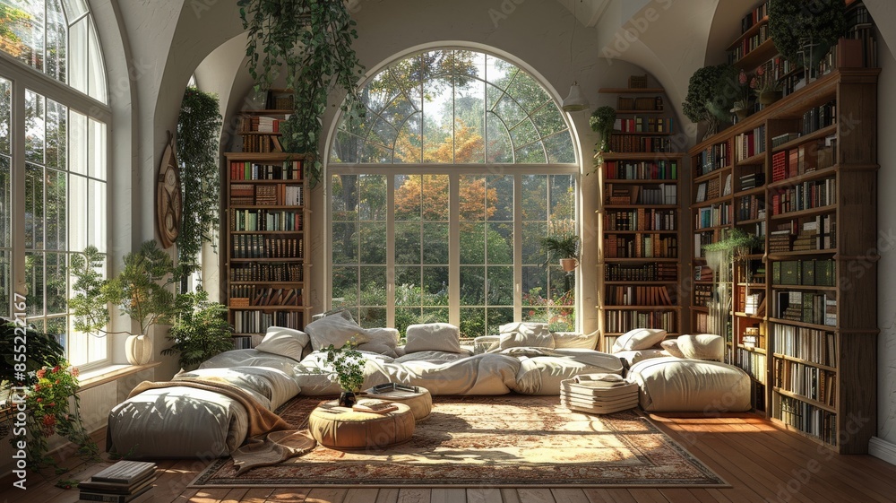 Sunlit Cozy Reading Nook with Arched Windows, Plush Seating and ...