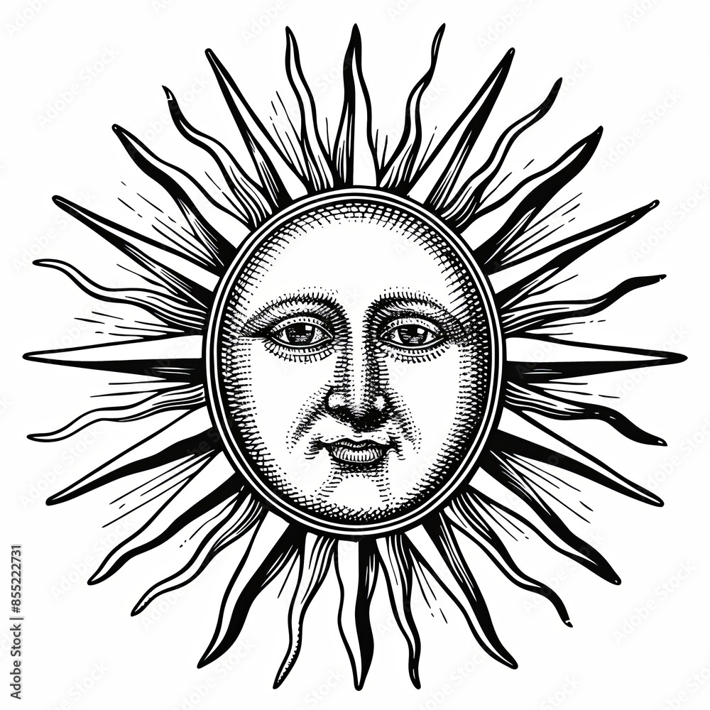 An image of the sun with a face and rays. A mystical, esoteric or ...