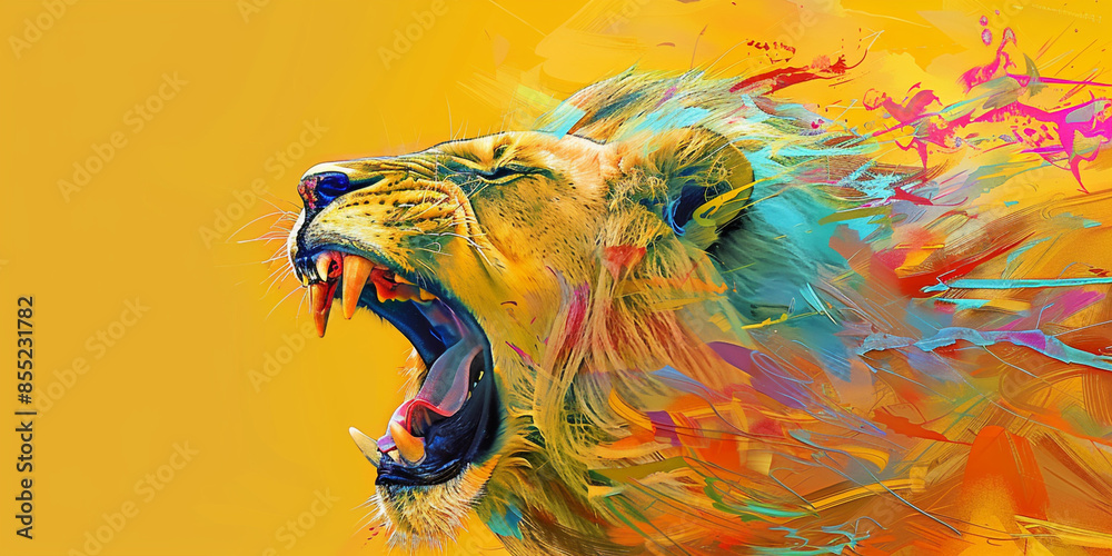 Colorful lion roaring, yellow background Stock Photo | Adobe Stock