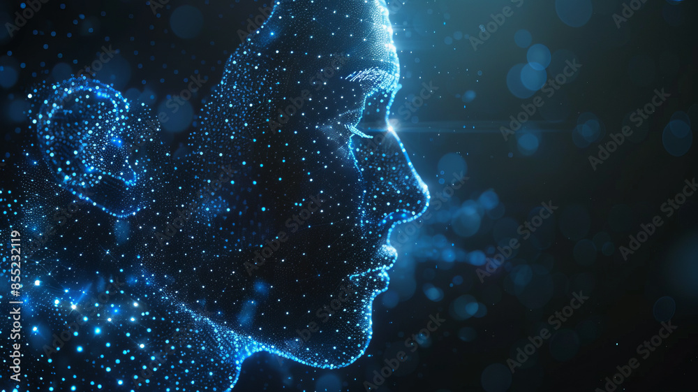 LLM graphics flowting around a wireframe avatar in a black studion ...