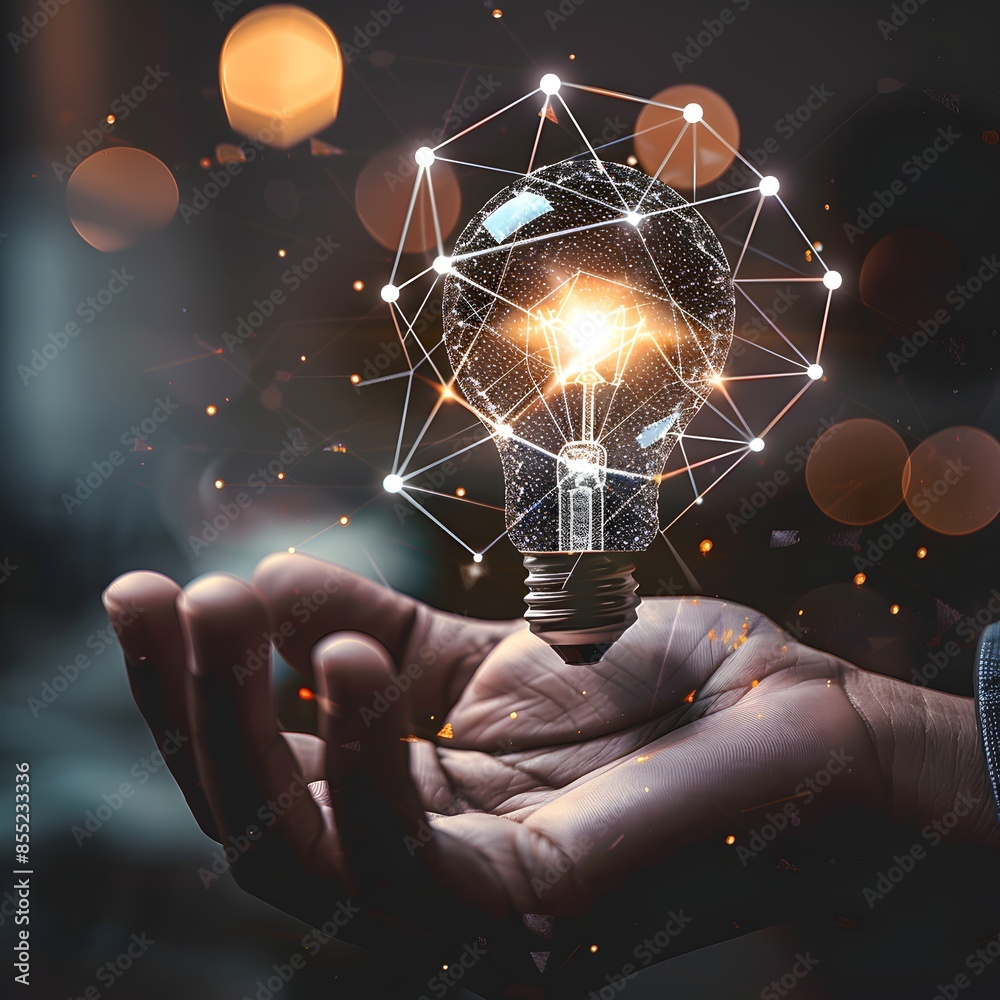 A light bulb is floating above the palm of an outstretched hand, and it ...