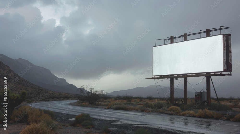 Desert highway billboard mockup in rainy weather blank white banner for ...