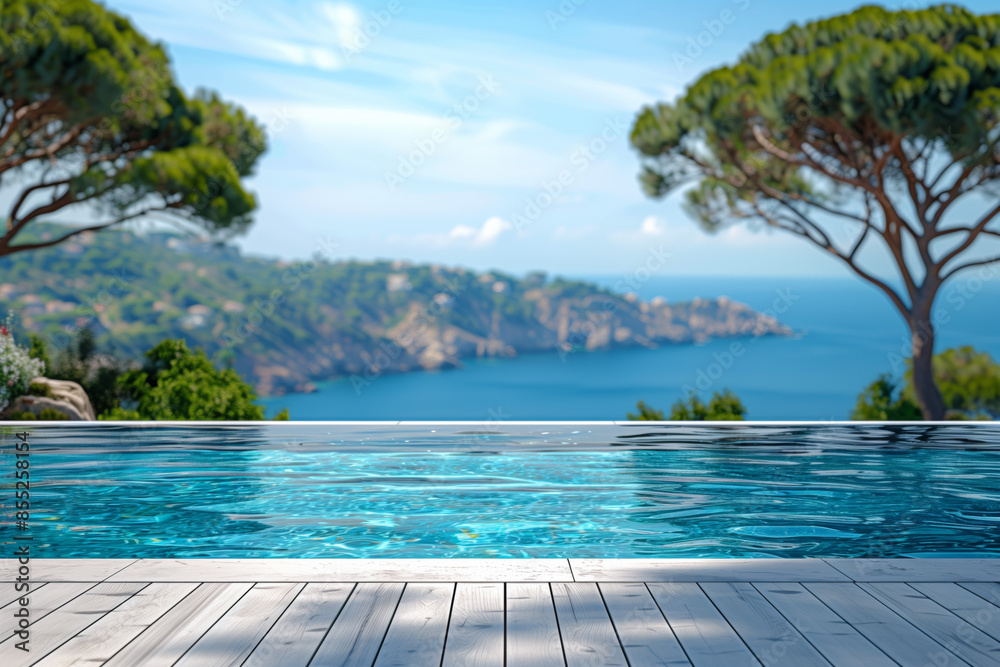 Blurred Costa brava background with a white table top for product ...