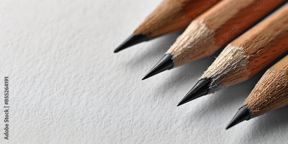 Minimalistic Banner with row of four sharpened wooden graphite pencils ...