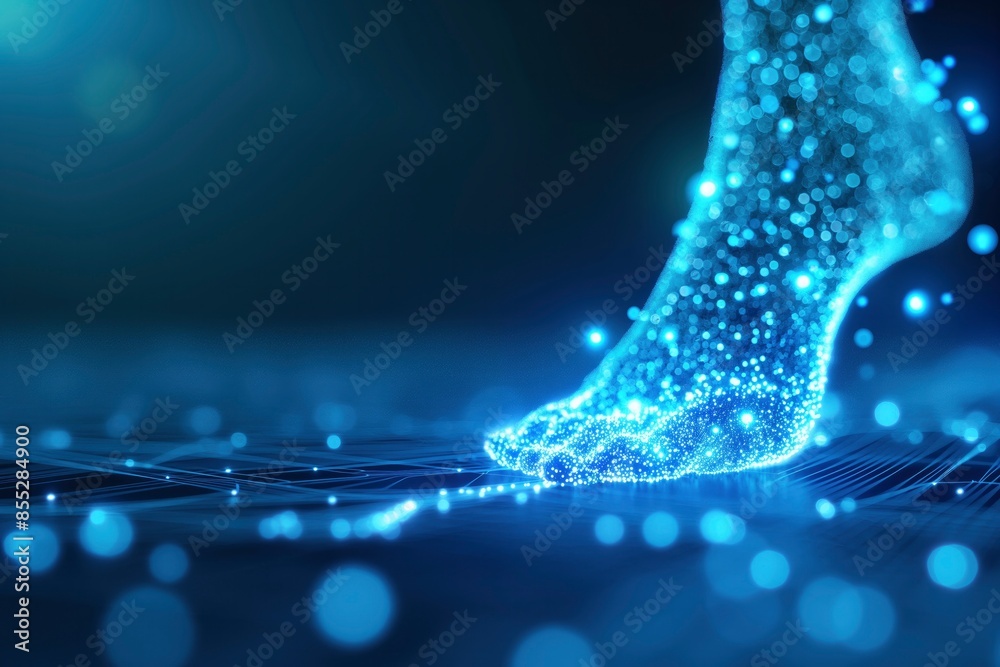 Abstract digital art of footprints made from glowing blue particles, AI ...