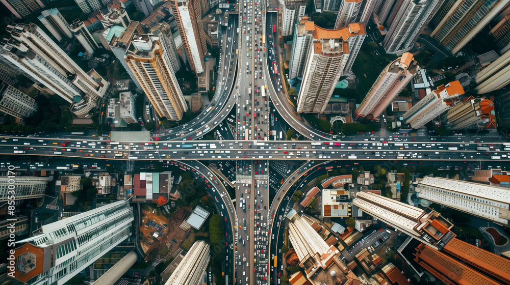 Aerial View of Busy Urban Intersection with Tall Buildings and Heavy ...