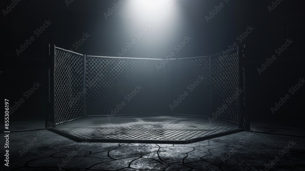 A dimly lit MMA octagon ring, encased in wire mesh, stands alone ...