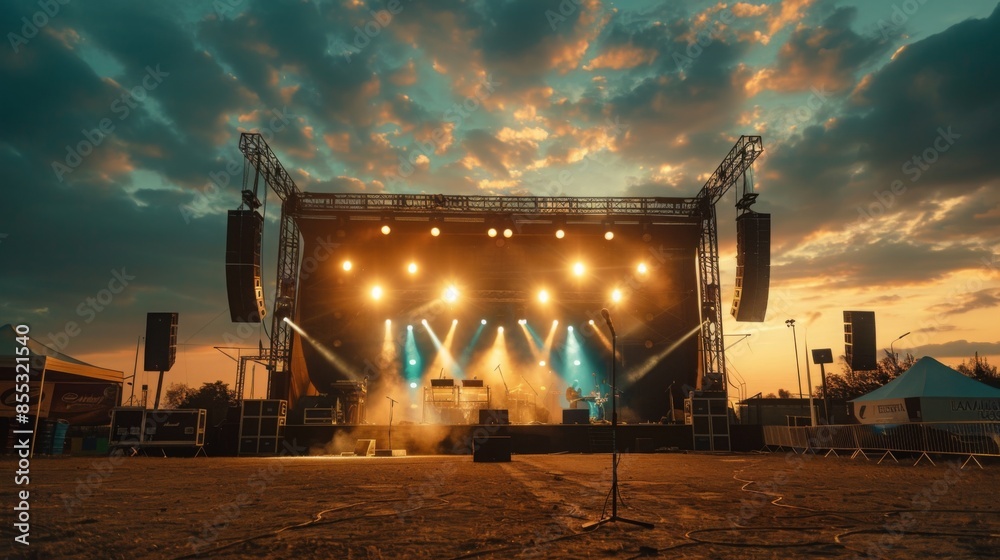 Outdoor concert stage under sunset sky, lit with spotlights. Center ...
